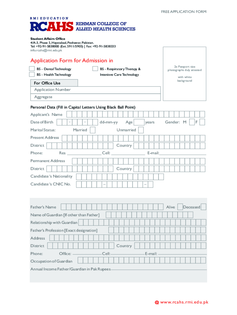 Fillable Online Application Form for Admission in Bs - Dental Technology, Bs - Respiratory ...