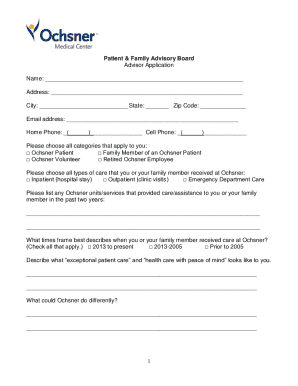 Fillable Online Patient & Family Advisory Board Advisor Application Fax Email Print - pdfFiller
