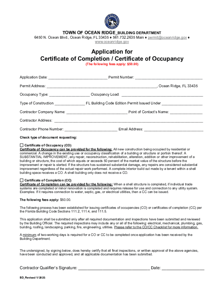 Fillable Online Certificate of Completion and Certificate of Occupancy Application Fax Email ...