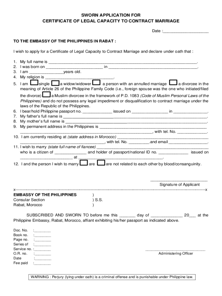 Fillable Online SWORN AFFIDAVIT Capacity of Marriage Certificate or ... Fax Email Print - pdfFiller