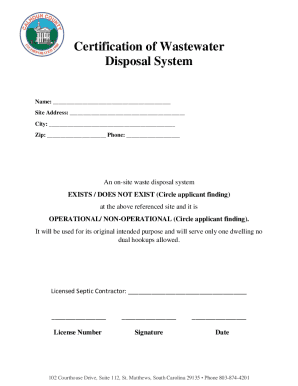 Fillable Online Certification of Wastewater Disposal System Fax Email ...