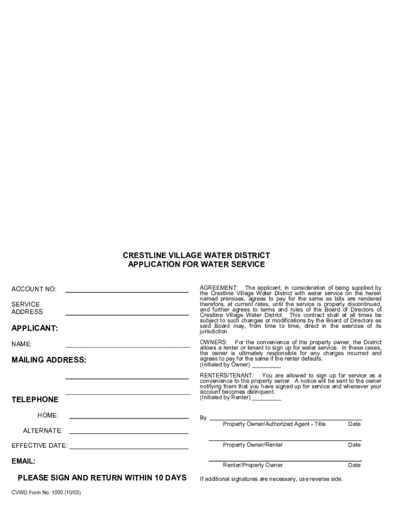 Fillable Online Application for Water Service Agreement Fax Email Print ...