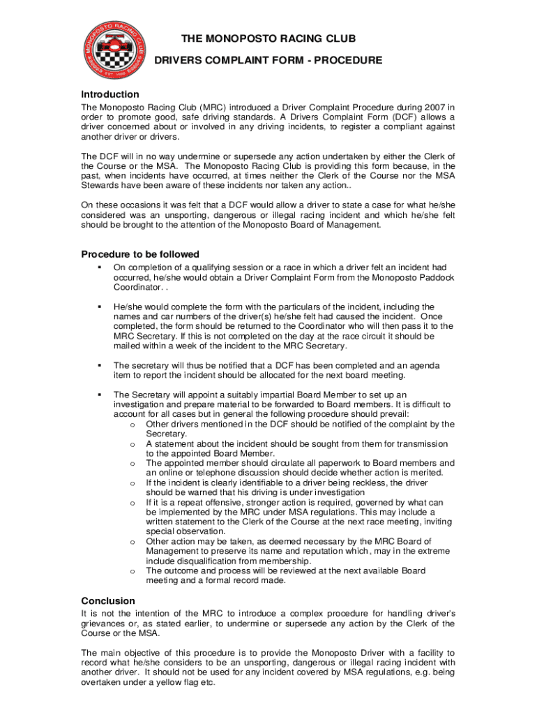 Fillable Online the Monoposto Racing Club - Drivers Complaint Form ...