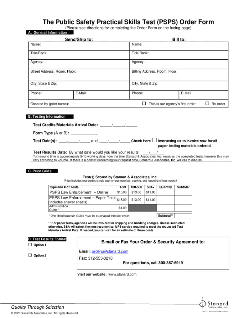 Fillable Online Public Safety Practical Skills Test (psps) Order Form ...