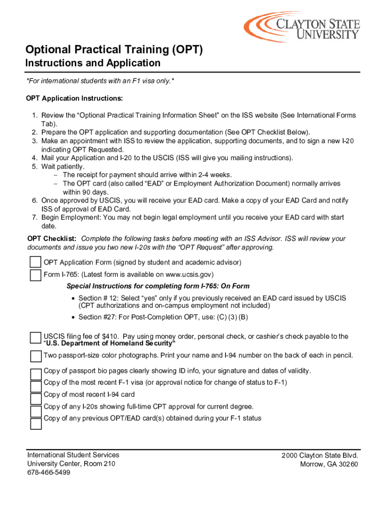 Fillable Online Optional Practical Training (opt) Instructions and ...