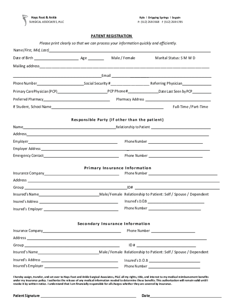 Fillable Online Hays Foot & Ankle Patient Registration Fax Email Print - pdfFiller