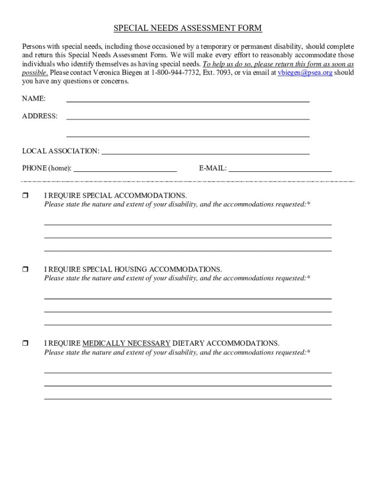 Fillable Online Special Needs Assessment Fax Email Print - pdfFiller