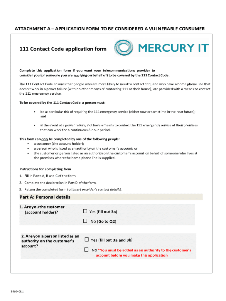 Fillable Online Application Form to Be Considered a Vulnerable Consumer ...
