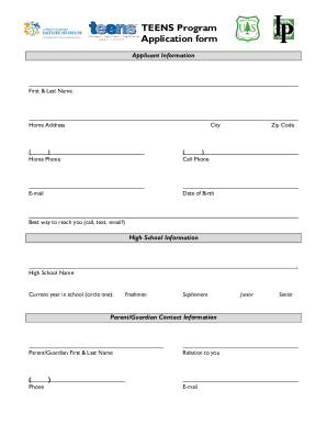 Fillable Online Teens Program Application Fax Email Print - pdfFiller