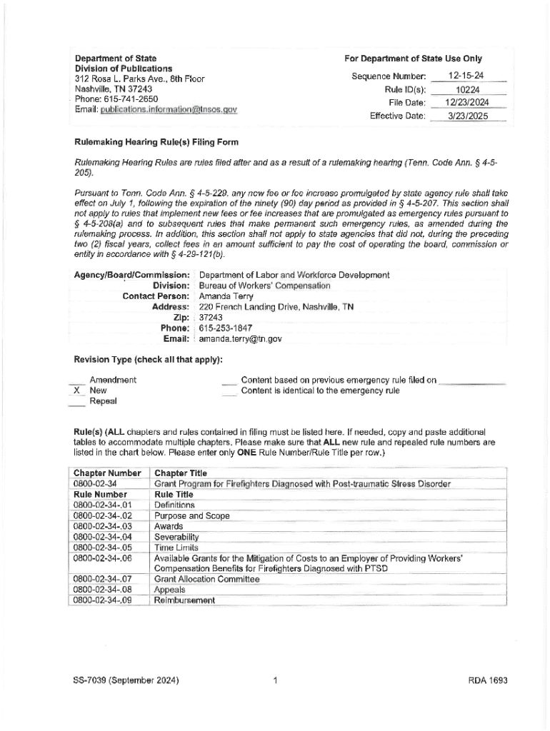 Fillable Online Rulemaking Hearing Rules for Firefighters Diagnosed ...