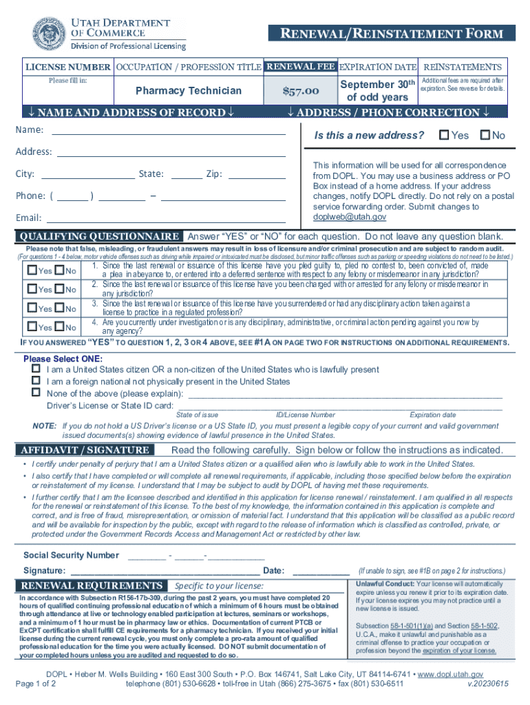 Fillable Online Pharmacy Technician License Renewal/reinstatement Fax Email Print - pdfFiller