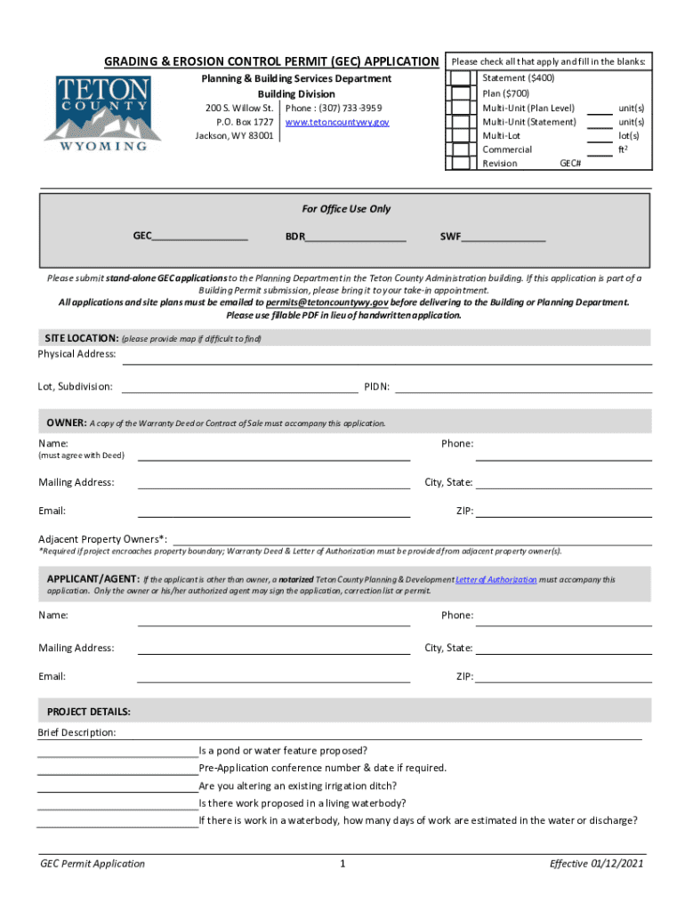 Fillable Online GRADING & EROSION CONTROL PERMIT (GEC) APPLICATION ...