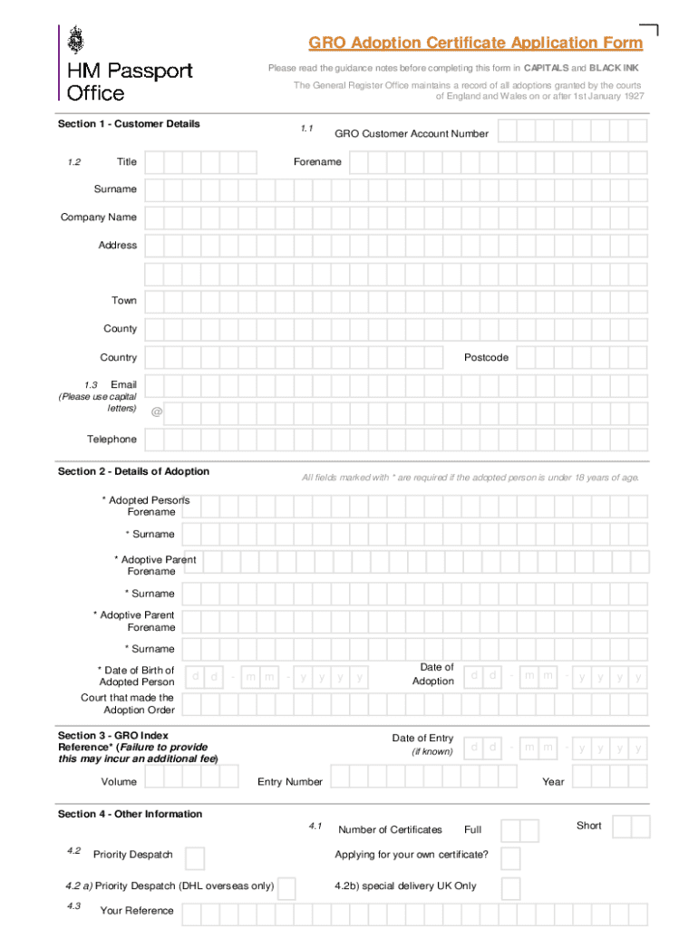 Fillable Online Gro Adoption Certificate Application Form Fax Email ...