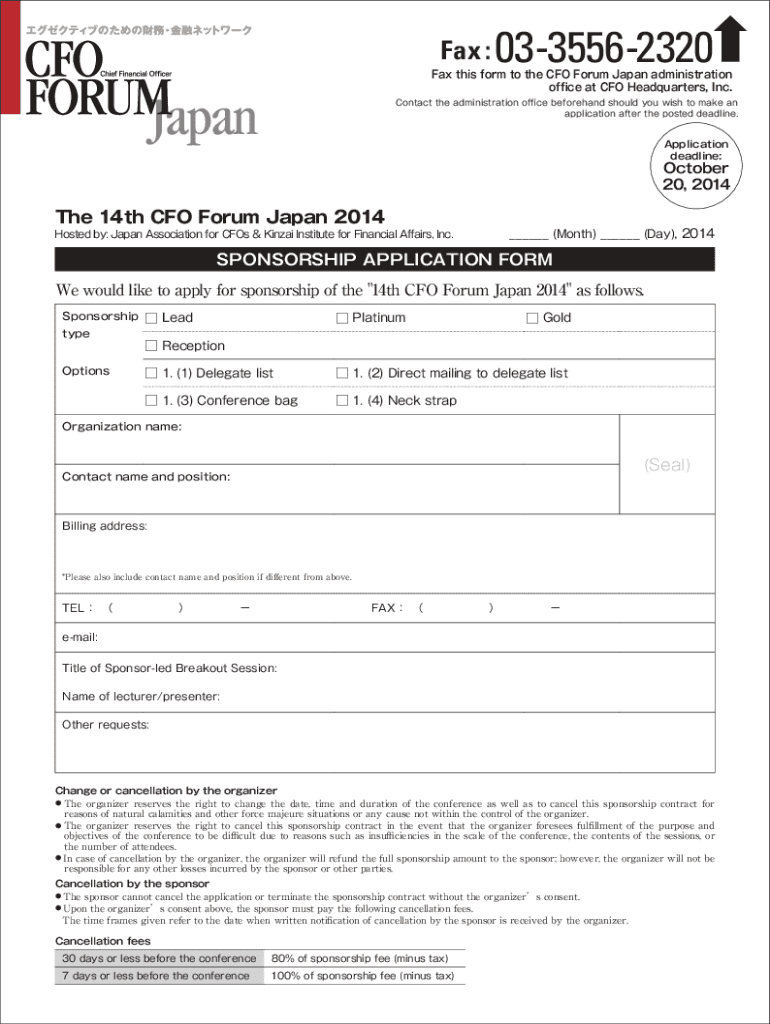 Fillable Online 14th Cfo Forum Japan 2014 Sponsorship Application Fax ...