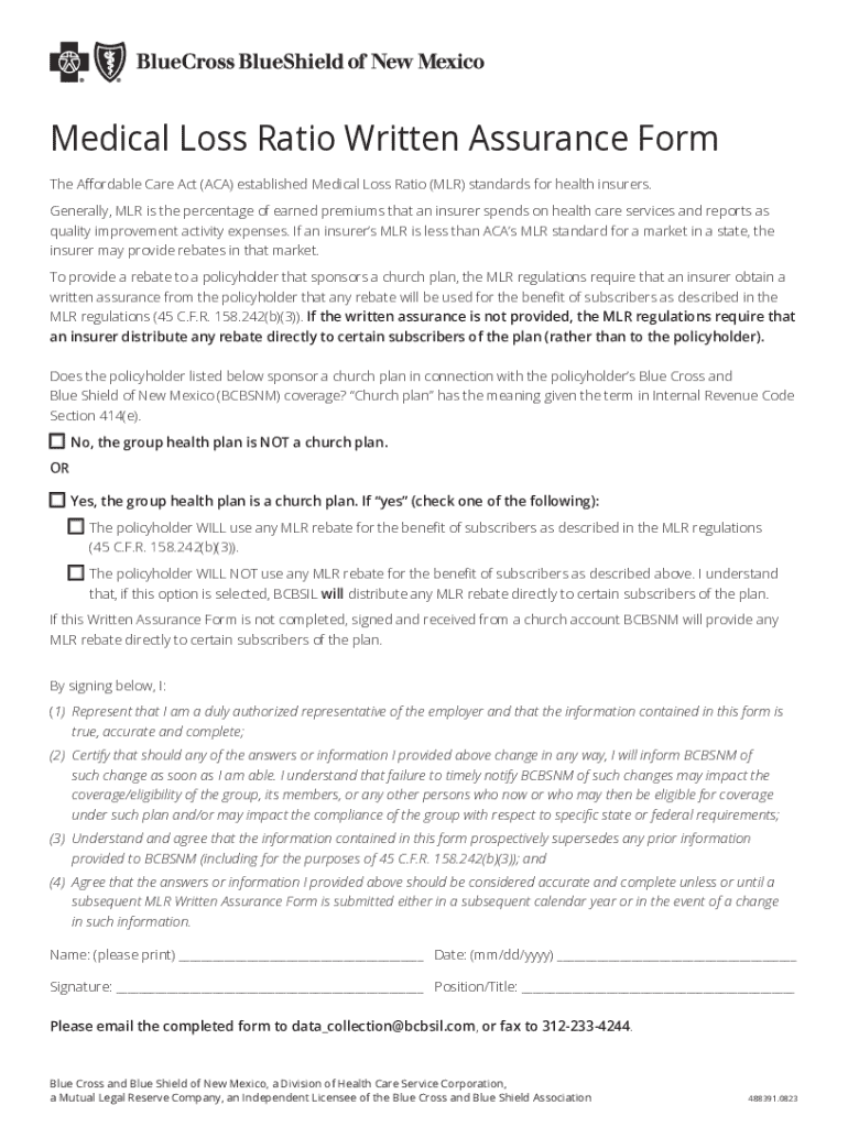 Fillable Online Medical Loss Ratio Written Assurance Fax Email Print ...