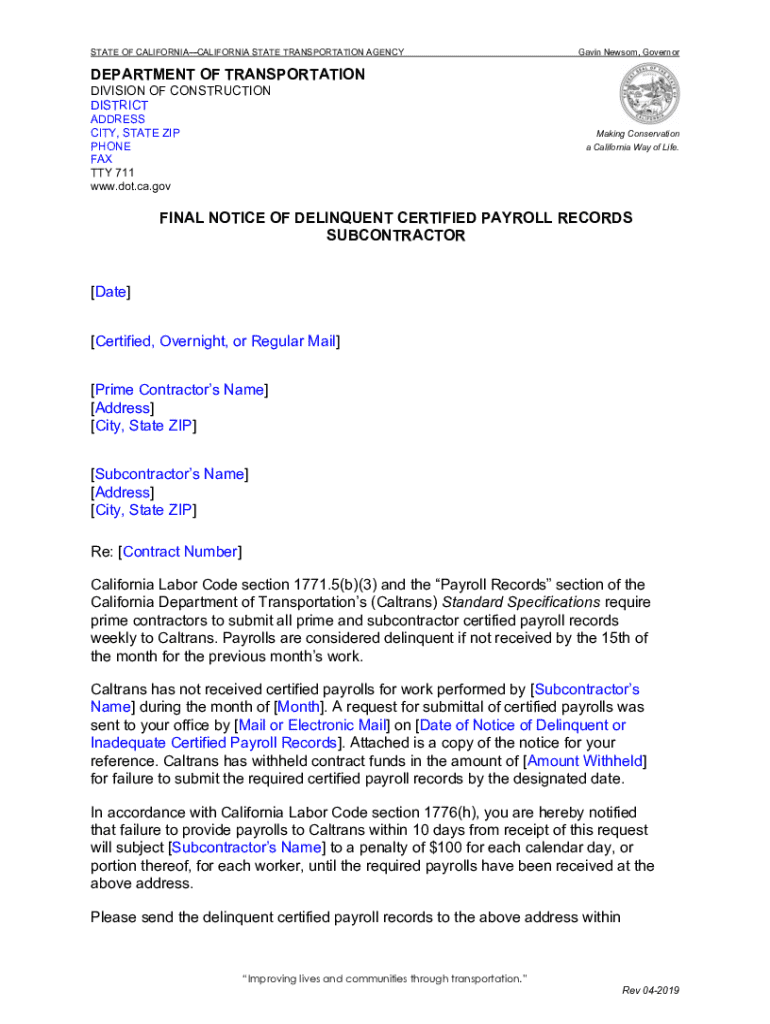 Fillable Online Final Notice of Delinquent Certified Payroll Records ...
