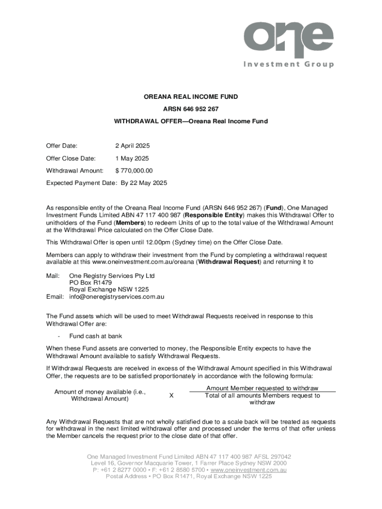 Fillable Online Oreana Real Income Fund Withdrawal Offer Fax Email ...