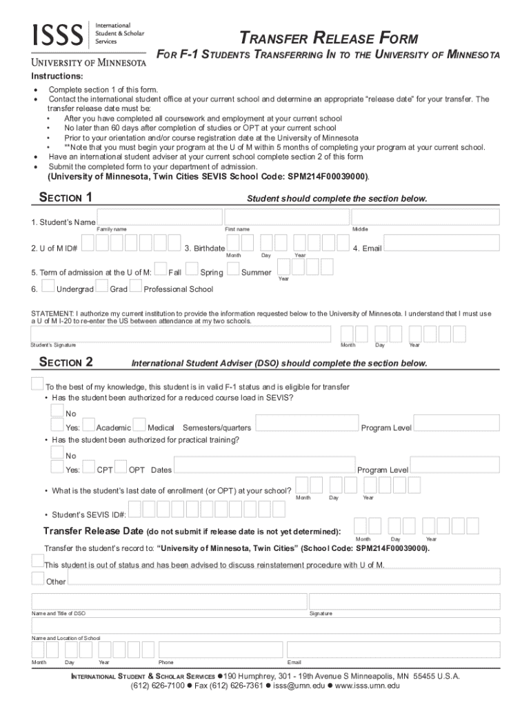 Fillable Online Transfer Release Form for F-1 Students Fax Email Print ...