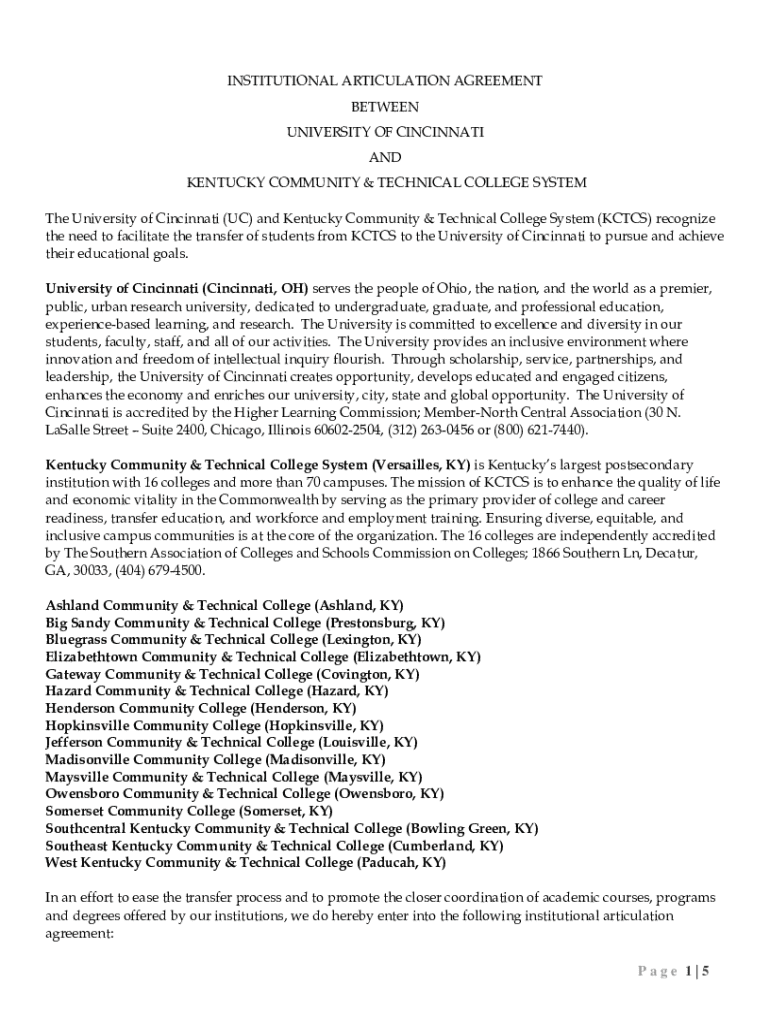 Fillable Online Institutional Articulation Agreement Between University of Cincinnati and ...