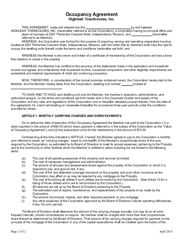 Fillable Online Occupancy Agreement for Highleah Townhouses, Inc. Fax ...