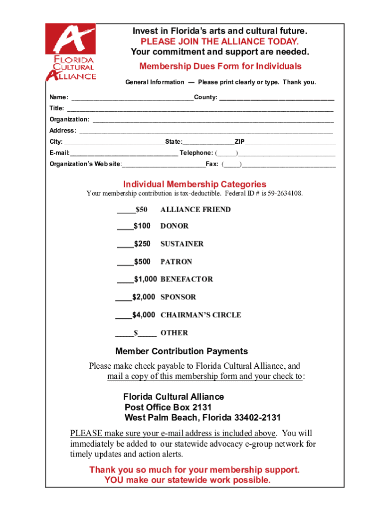 Fillable Online Membership Dues Form for Individuals and Arts ...