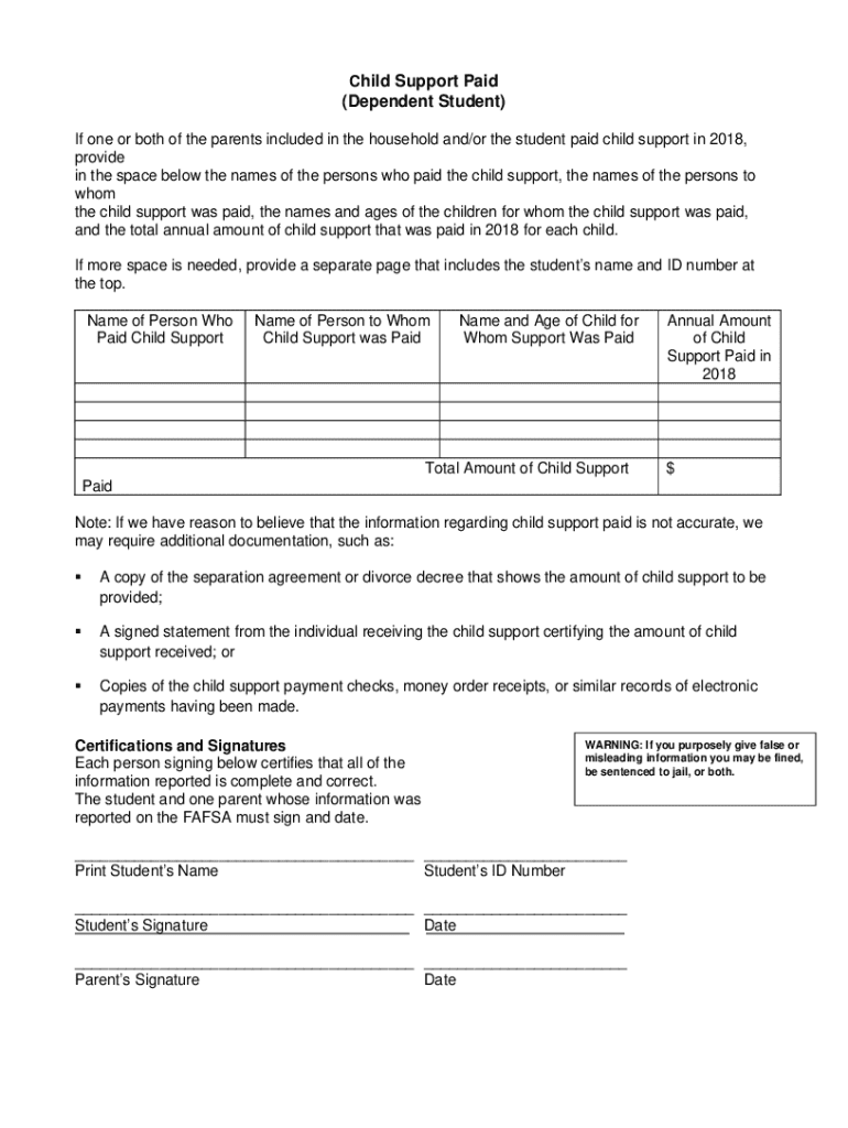 Fillable Online 20182019 Verification Of Child Support Paid Fax Email ...