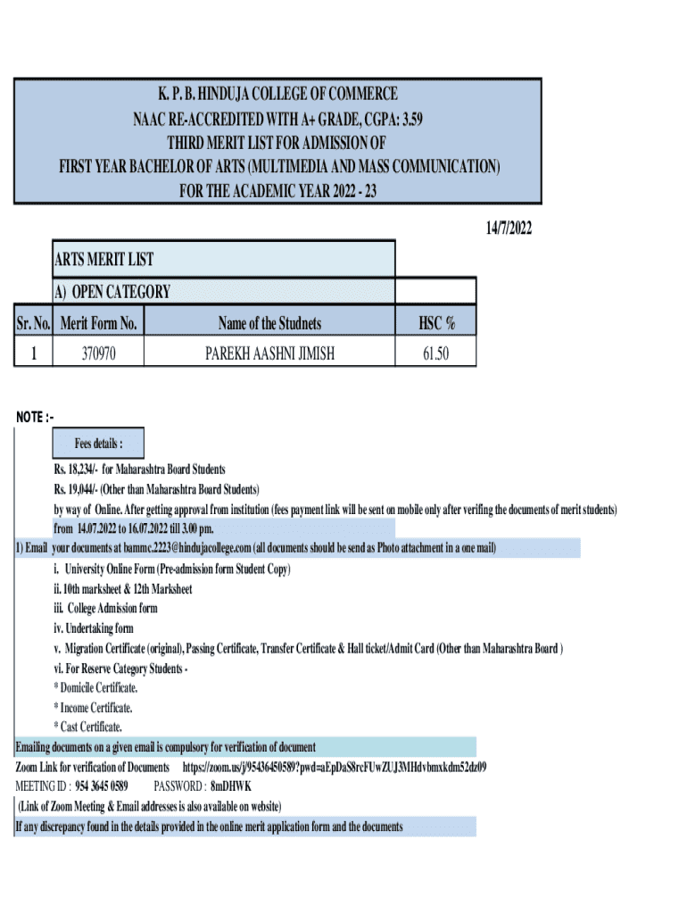 Fillable Online Sr. No. Merit Form No. Name of the Studnets HSC % 1 2 3 ... Fax Email Print ...