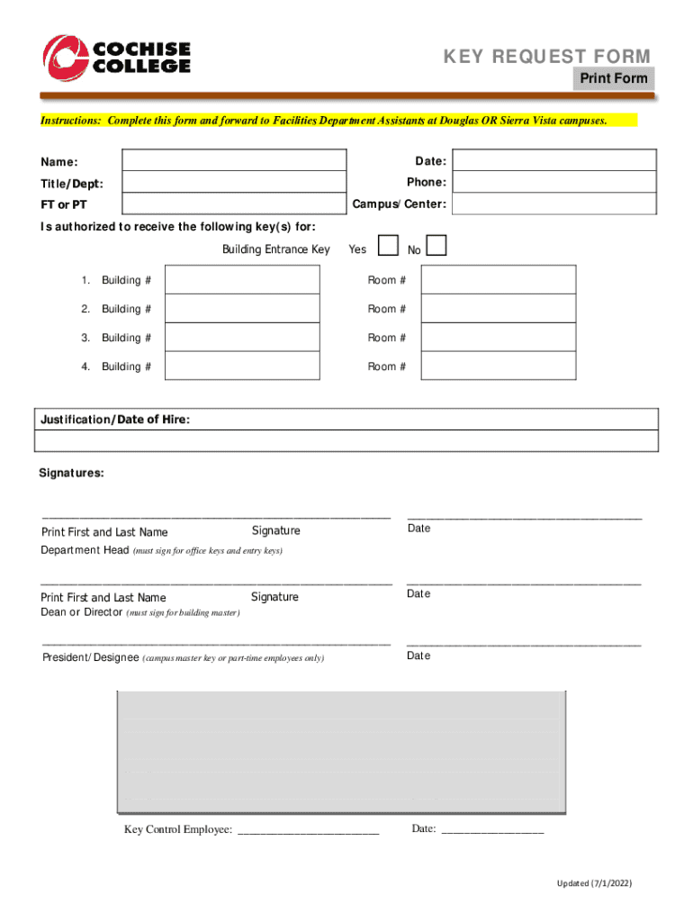 Fillable Online Instructions: Complete this form and forward to Facilities Department Assistants ...