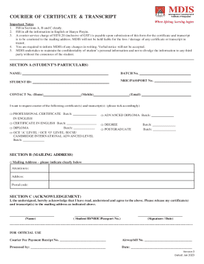 Fillable Online Courier Request Form for Certificate and Transcript Fax ...