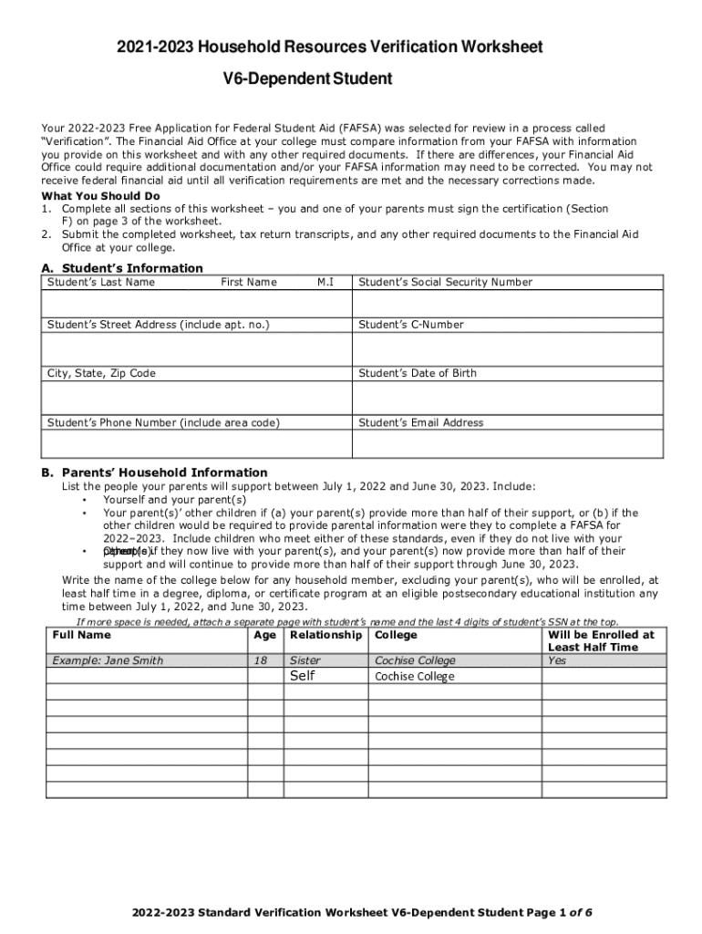 Fillable Online 2021-2023 Household Resources Verification Worksheet ...