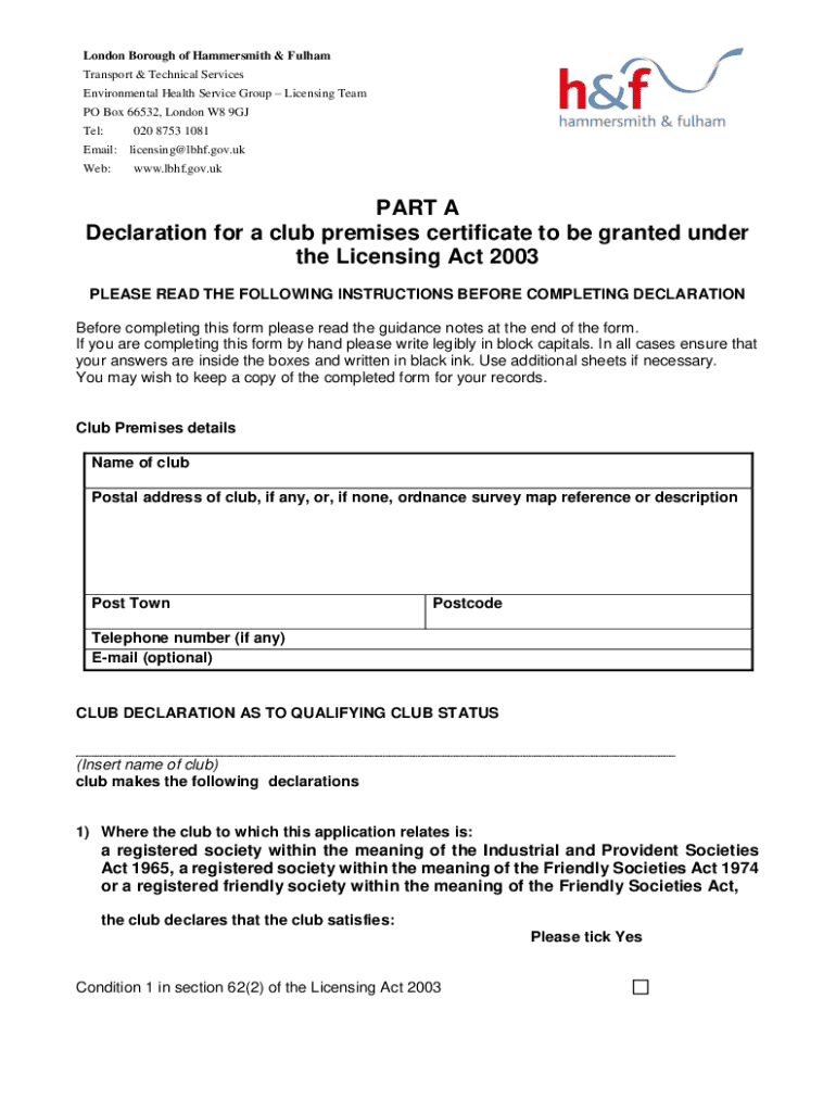 Fillable Online Declaration for a club premises certificate to be granted. Business Fax Email ...