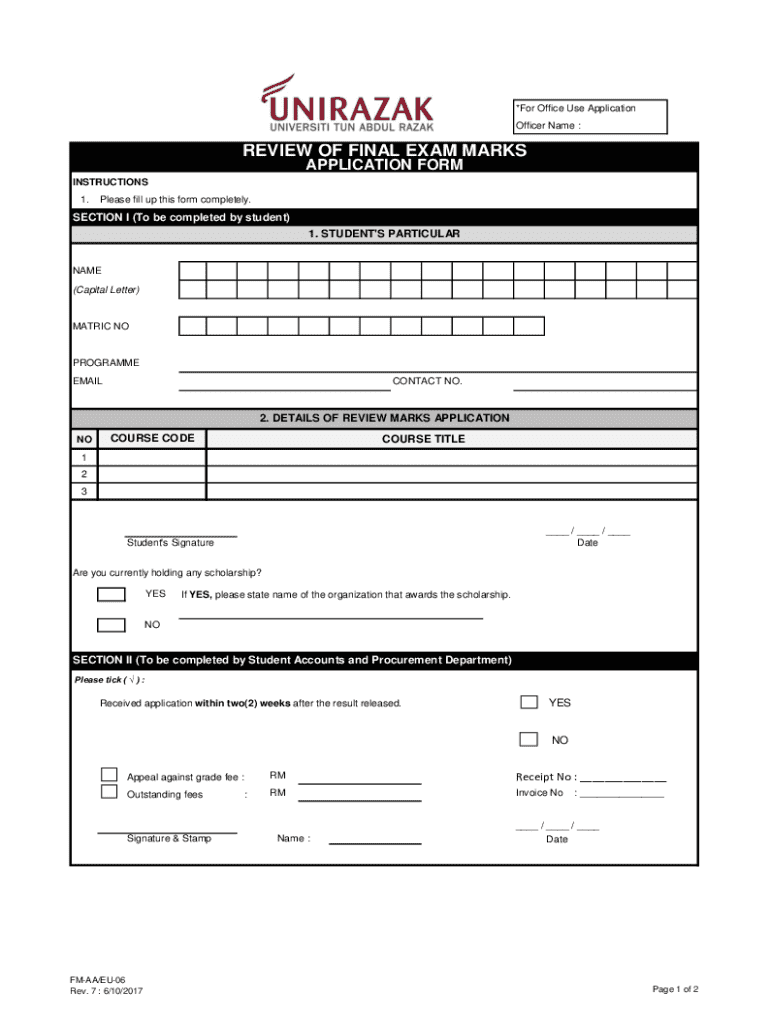 Fillable Online Review of Final Exam Marks Application Form Fax Email Print - pdfFiller