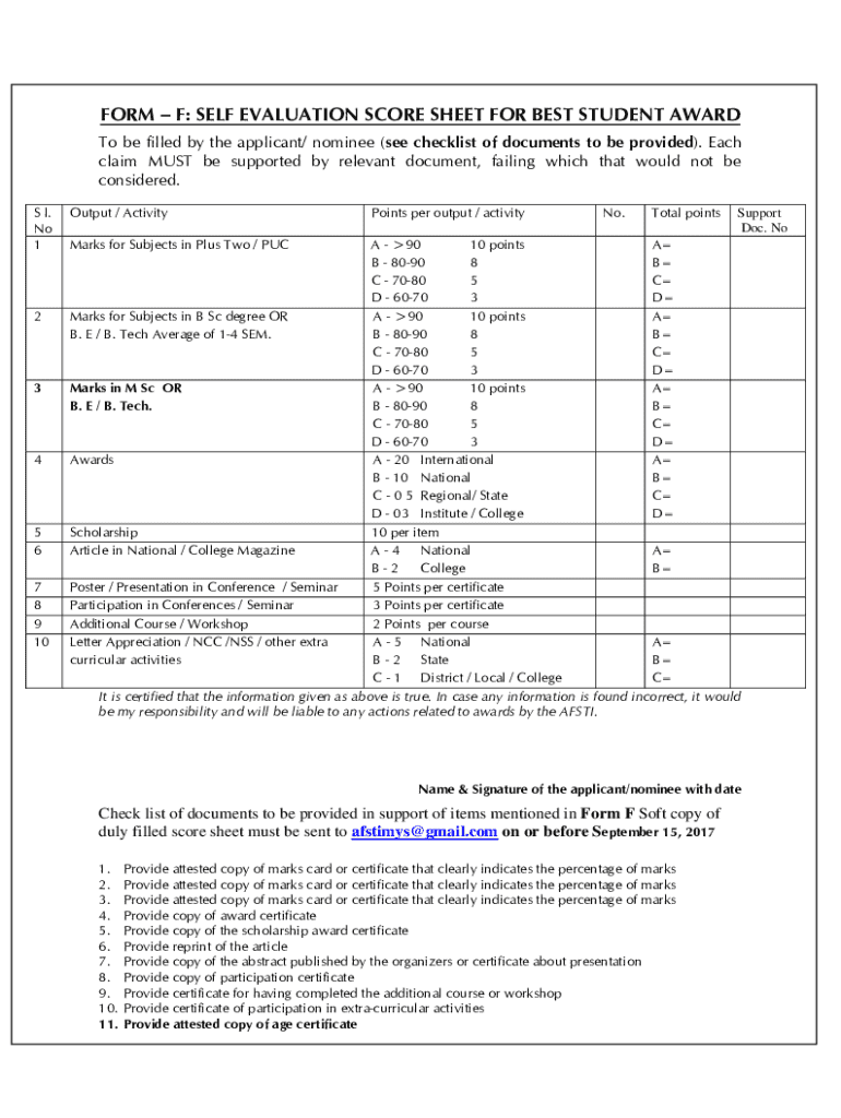 Fillable Online Self Evaluation Score Sheet for Best Student Award Fax ...