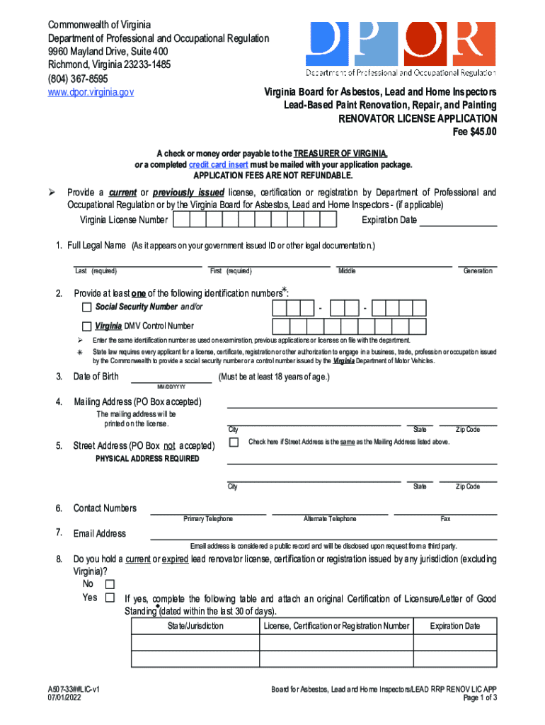 Fillable Online Lead - Education Verification Application - DPOR ...