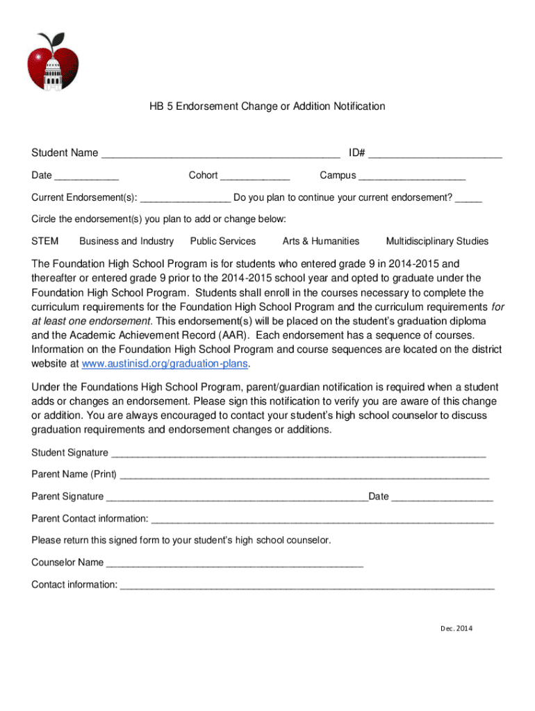 Fillable Online HB 5 Endorsement Change or Addition Notification Fax ...