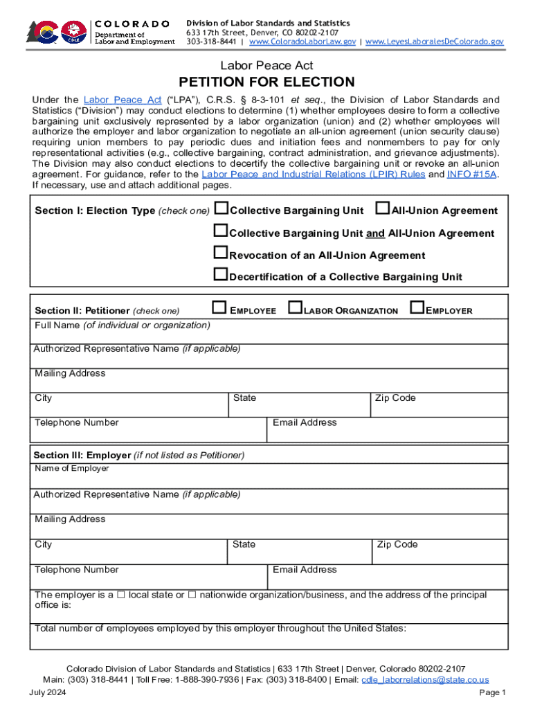 Fillable Online Petition for Election Under the Labor Peace Act Fax ...