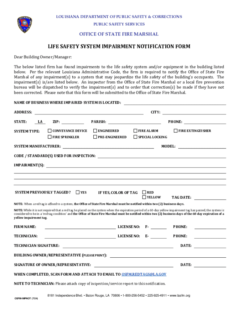 Fillable Online Life Safety System Impairment Notification Fax Email Print - pdfFiller