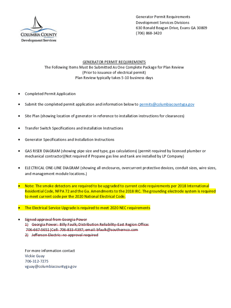 Fillable Online Generator Permit Requirements - Columbia County, GA Fax ...