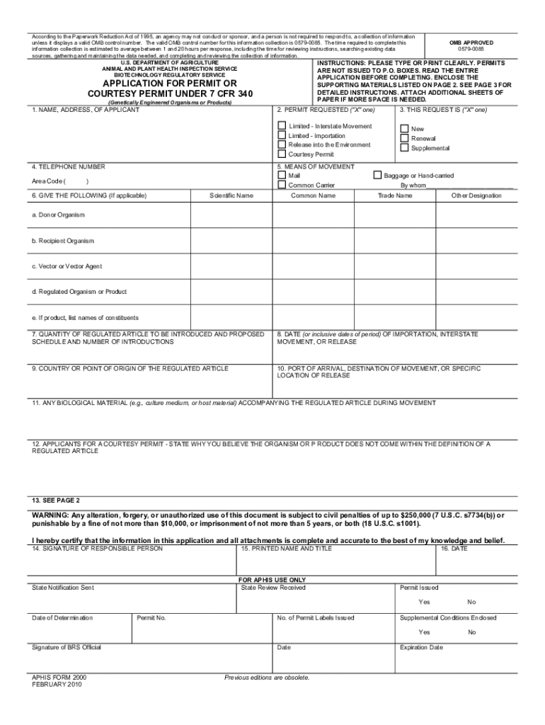 Fillable Online Application for Permit or Courtesy Permit Under 7 Cfr ...