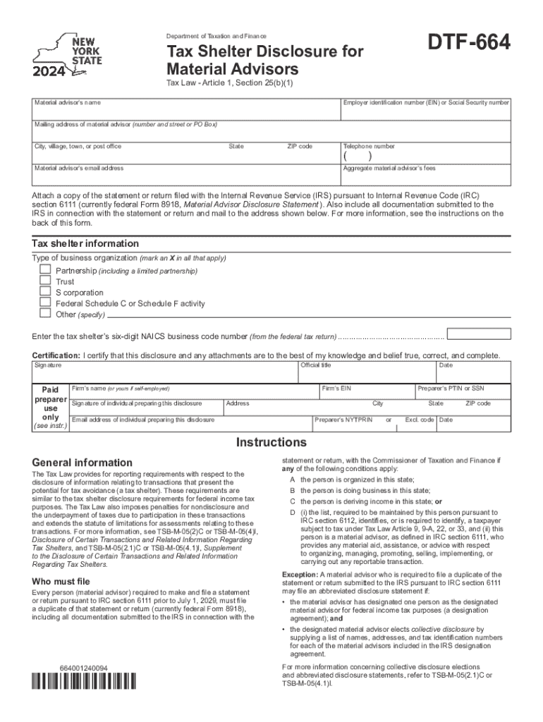 Form DTF-664 Tax Shelter Disclosure for Material Advisors Tax Year 2024 ...