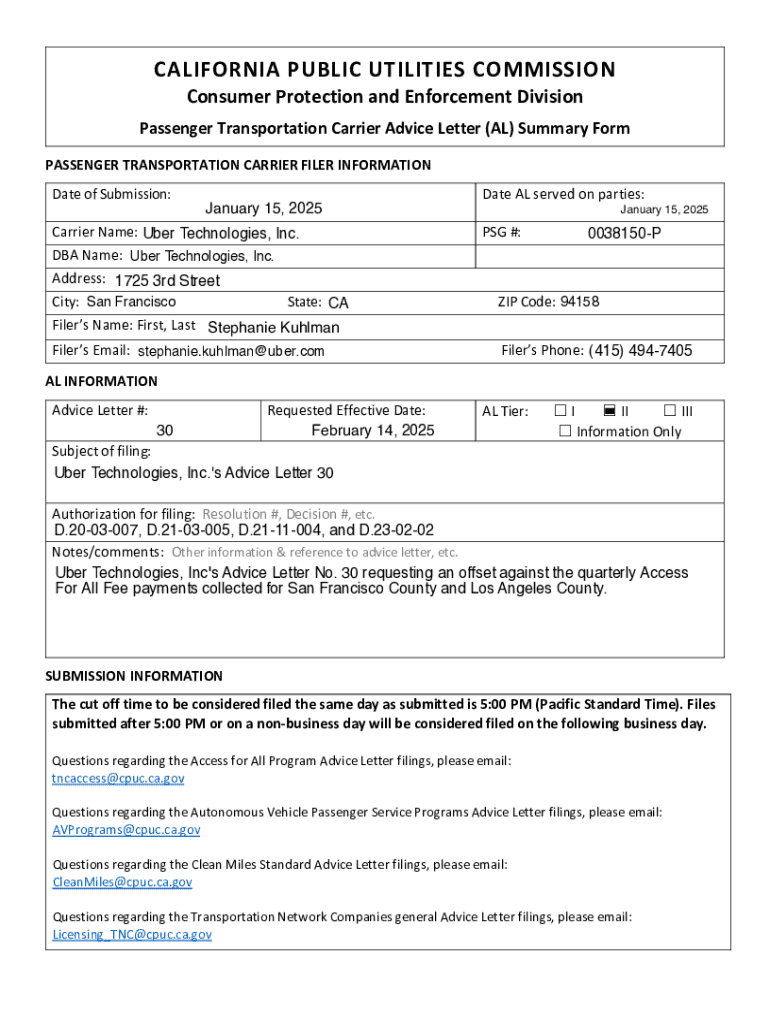 Fillable Online Advice Letter No. 30 - Uber Technologies, Inc. Fax Email Print - pdfFiller