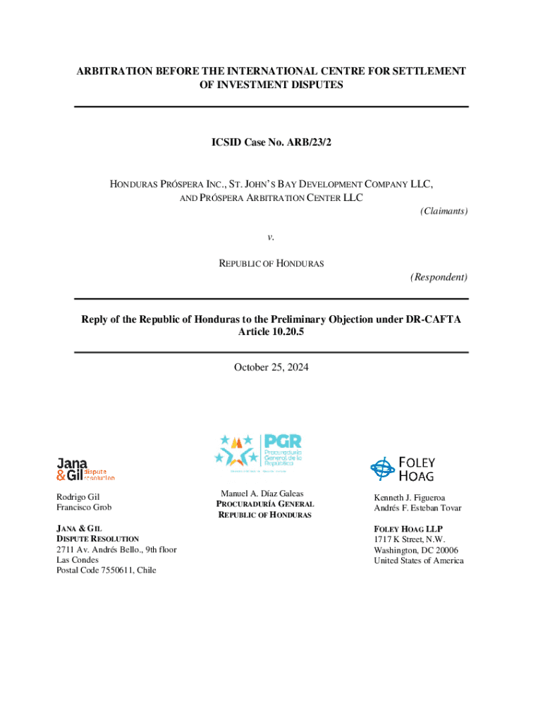 Fillable Online Reply of the Republic of Honduras to the Preliminary ...