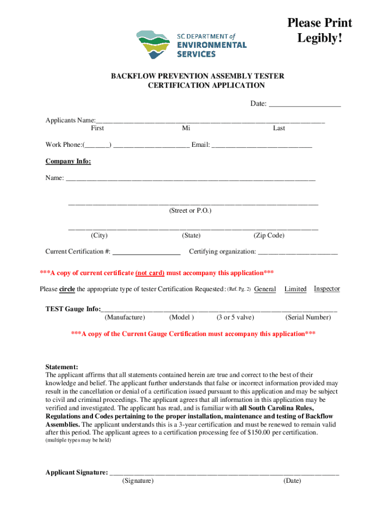 Fillable Online Application for a backflow prevention assembly tester ...