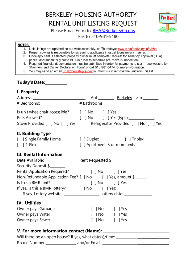 Fillable Online Berkeley Housing Authority Rental Unit Listing Request ...