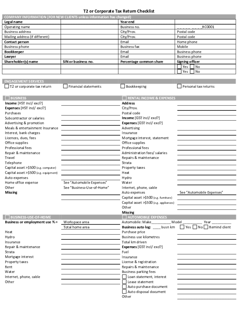 Fillable Online T2 or Corporate Tax Return Checklist Fax Email Print ...