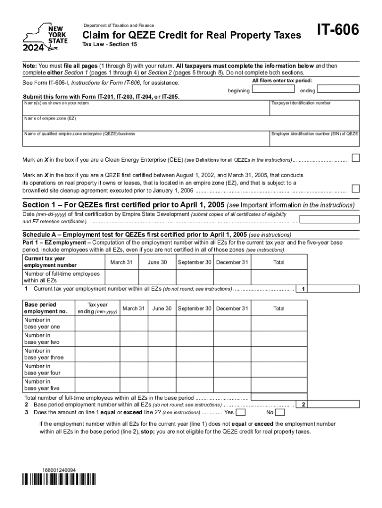Form IT-606 Claim for QEZE Credit for Real Property Taxes Tax Year 2024 ...