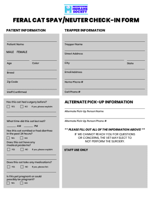Fillable Online Feral Cat Spay/Neuter Check-In Form Fax Email Print ...