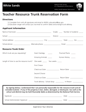 Fillable Online White Sands National Monument Teacher Resource Trunk ...