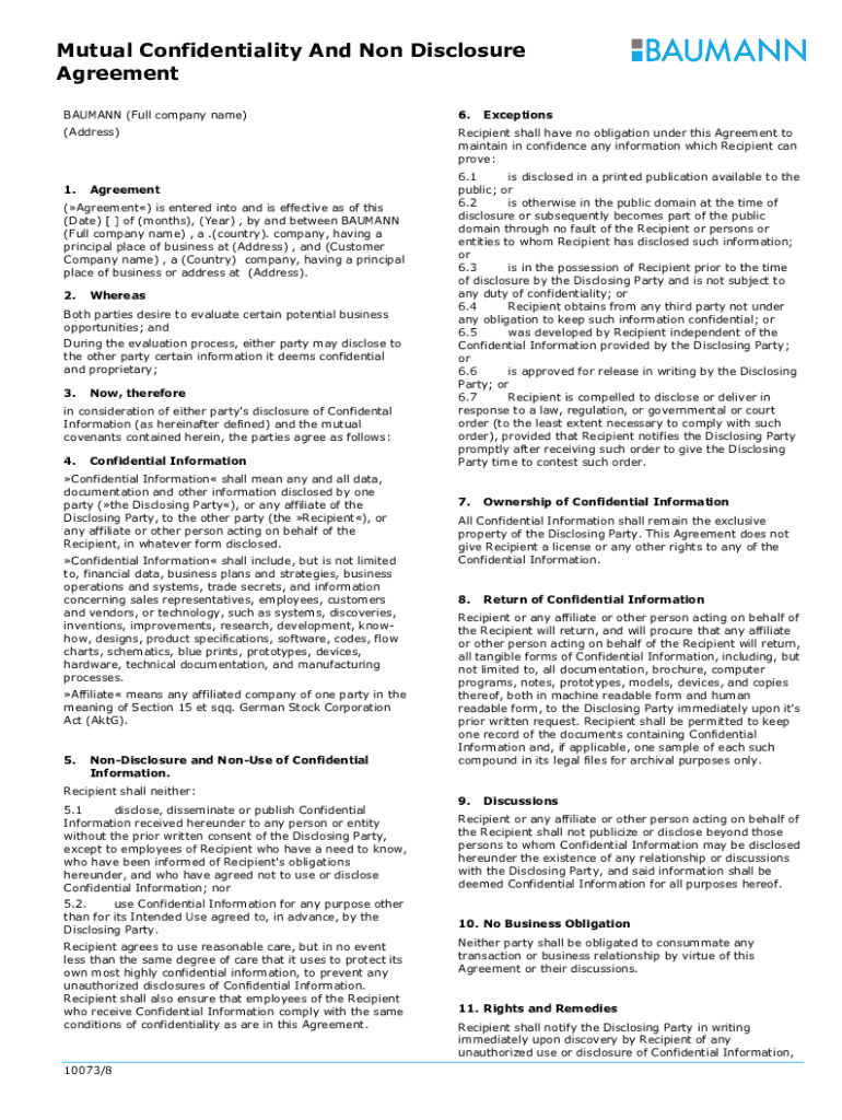 Fillable Online Mutual Confidentiality And Non Disclosure Agreement Fax ...