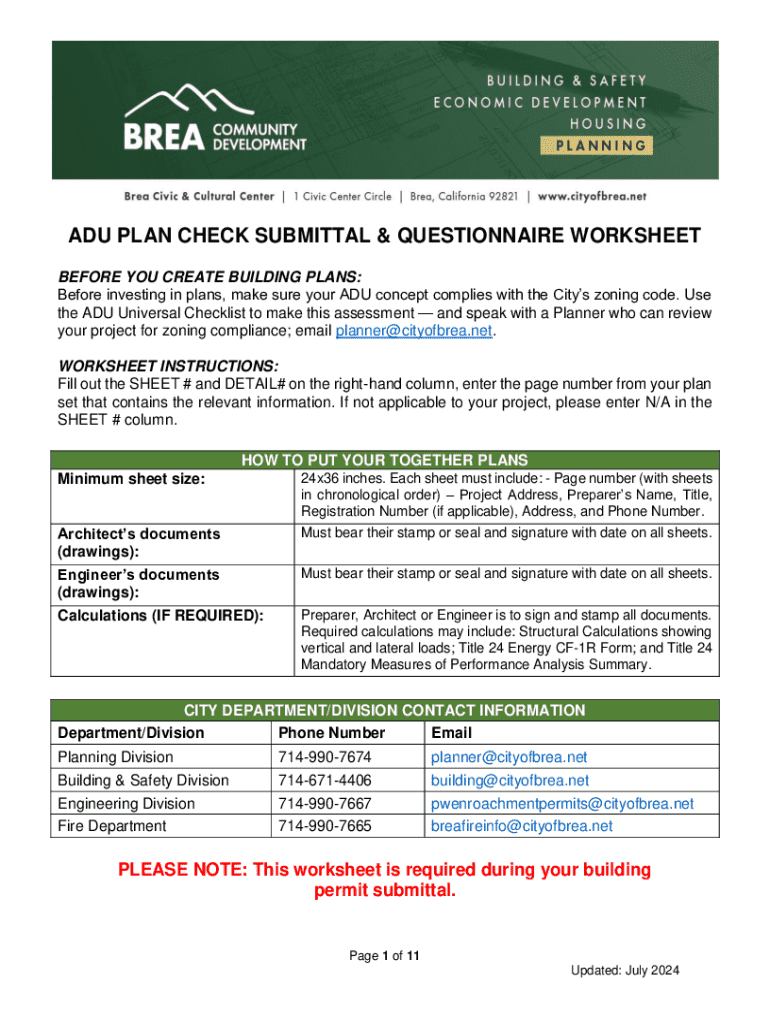 Fillable Online ADU PLAN CHECK SUBMITTAL & QUESTIONNAIRE WORKSHEET Fax Email Print - pdfFiller
